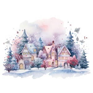 9 Christmas Card Clipart, Winter Houses Card, Printable Watercolor ...