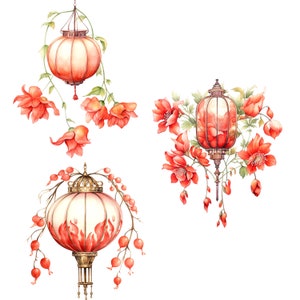 14 Floral Chinese Lantern Clipart, Lamp, Printable Watercolor Clipart ...