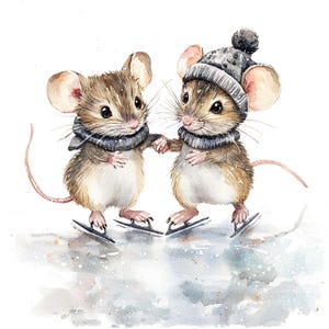 10 Cute Mice Skating Clipart, Ice Skating, Printable Watercolor Clipart ...