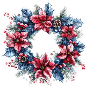 10 Poinsettia Christmas Wreath Clipart, Card Making, Watercolor Clipart ...