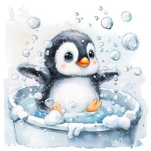 9 Penguin in Bathtub Clipart, Penguin Washing, Printable Watercolor ...