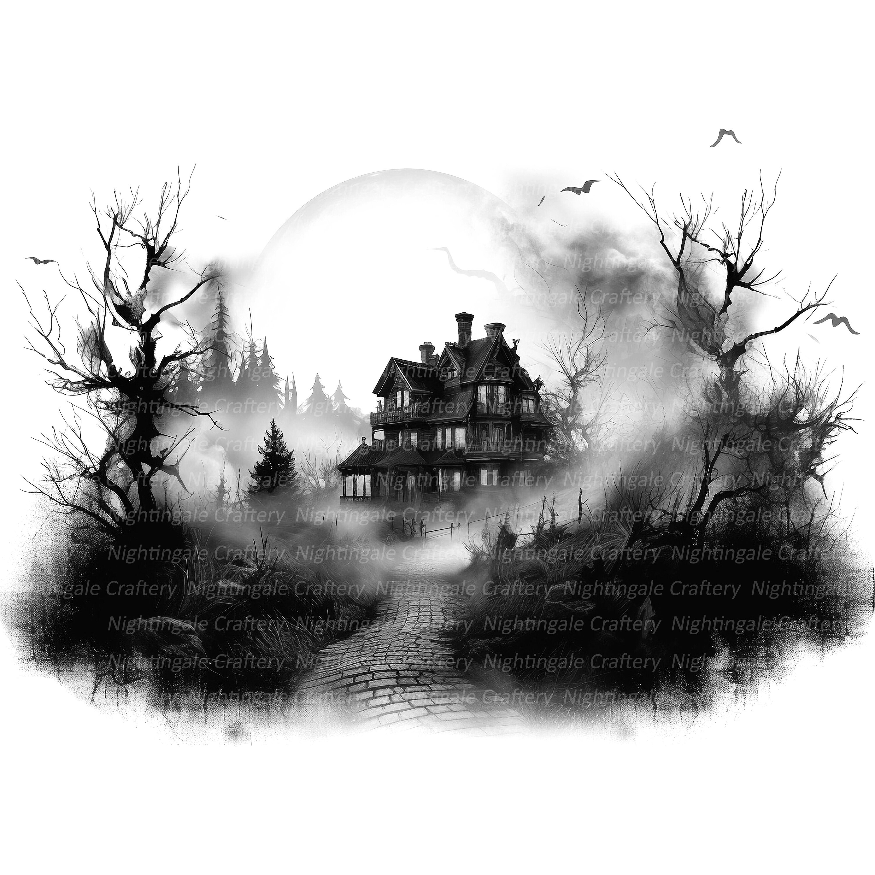 14 Haunted House Ink Art Clipart, Printable Watercolor Clipart, High ...