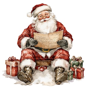 9 Christmas Santa Reading Letter Clipart, Printable Watercolor Clipart ...