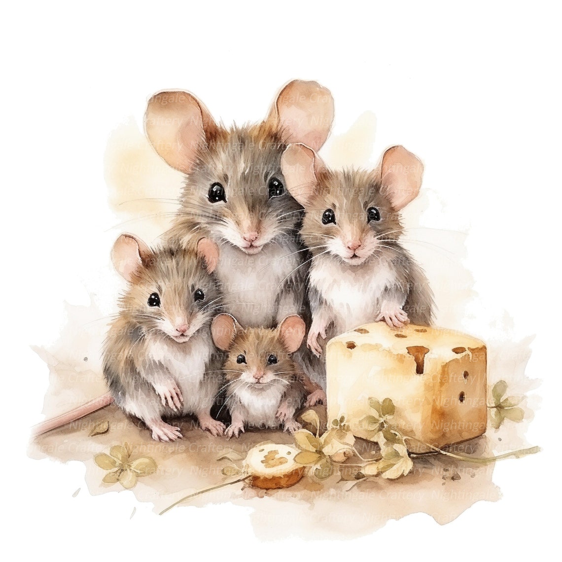 12 Mice Family Party Clipart, Mouse and Cheese, Printable Watercolor ...