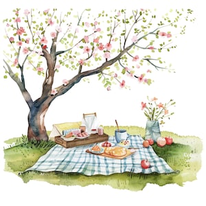 11 Spring Picnic Clipart, Picnic in Park, Printable Watercolor Clipart ...