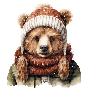 8 Bear in Bobble Hat Clipart, Winter Bear, Printable Watercolor Clipart ...