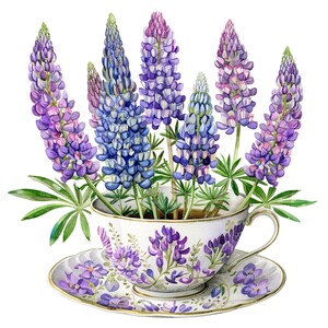 10 Lupins in Tea Cup Clipart, Floral Tea Cup, Printable Watercolor ...