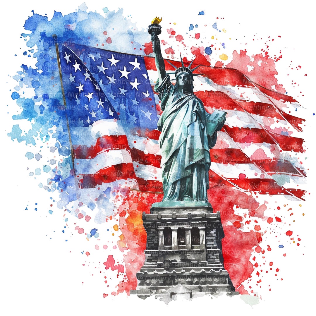 8 Statue of Liberty Clipart, USA Flag Clipart, Printable Watercolor ...