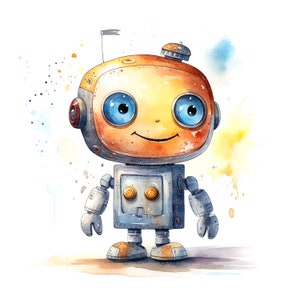 14 Cute Little Robots Clipart, Cartoon Robot, Printable Watercolor ...