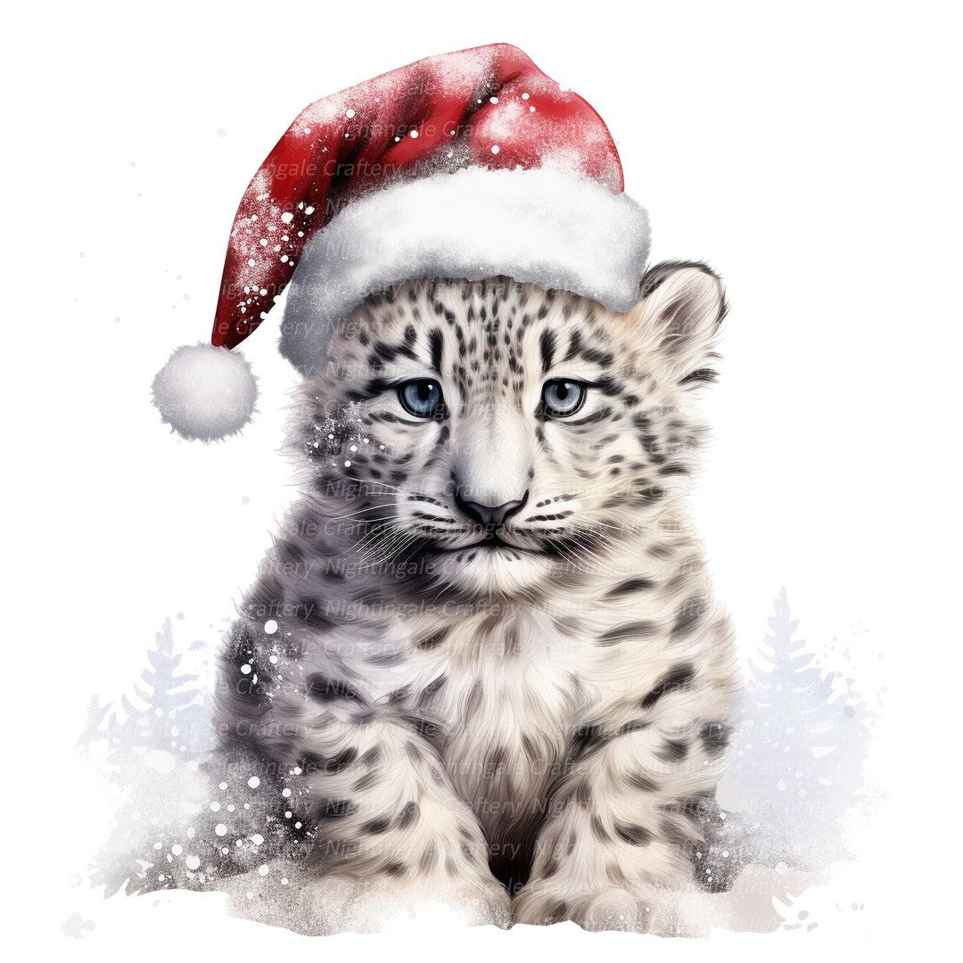 10 Snow Leopard With Santa Hat Clipart, Leopard, Printable Watercolor ...