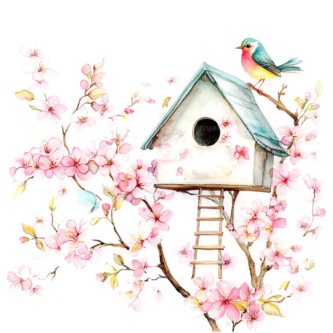 9 Spring Birdhouse Clipart 2, Floral Bird House, Printable Watercolor ...