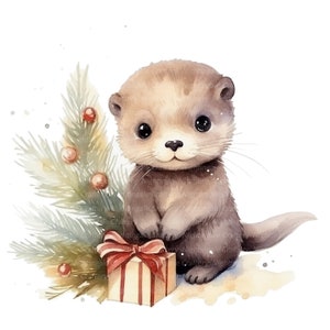 10 Christmas Otter Clipart, Cute Otter Clipart, Printable Watercolor ...