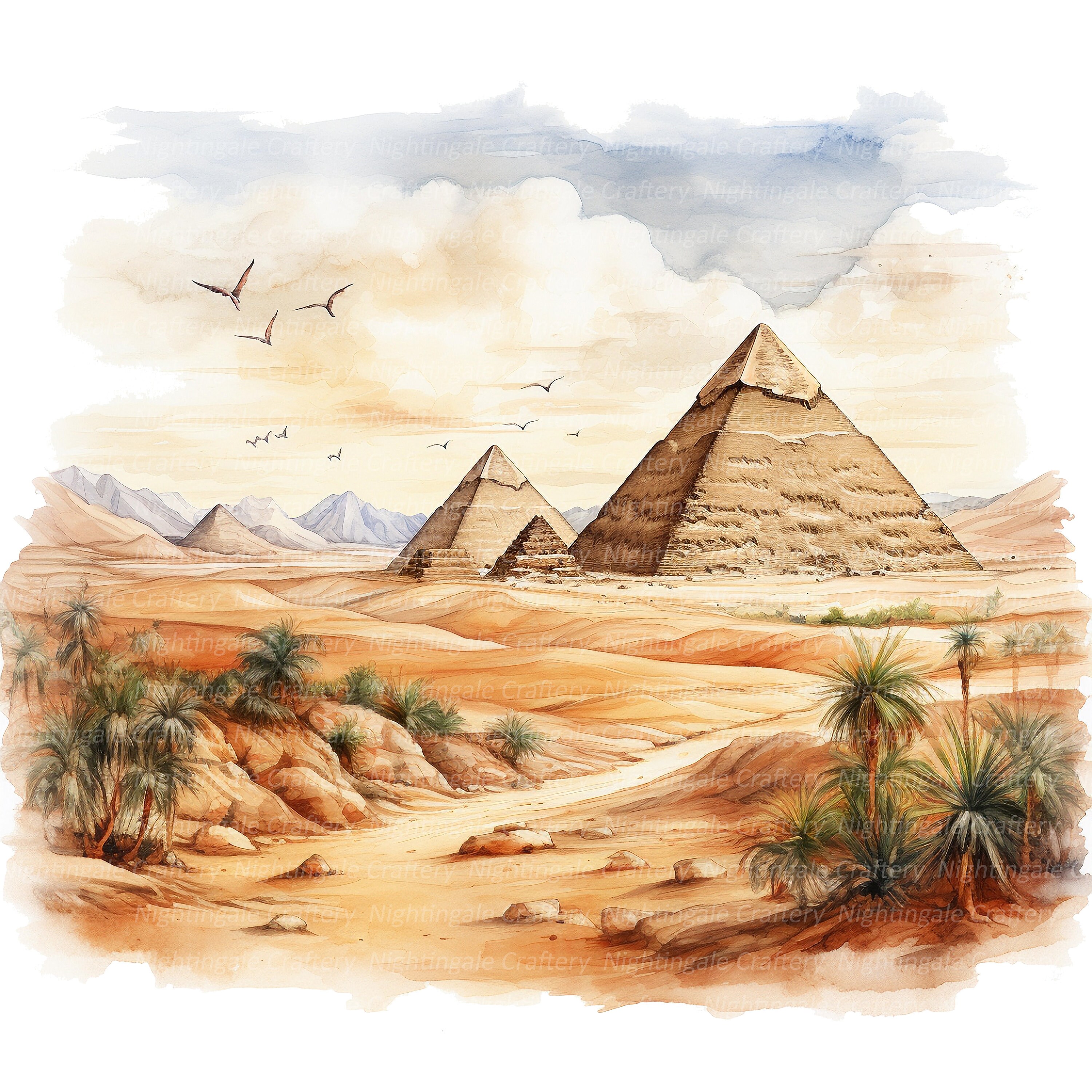 Watercolor Pyramid Landscape Clipart: Desert Scene (digital Download ...