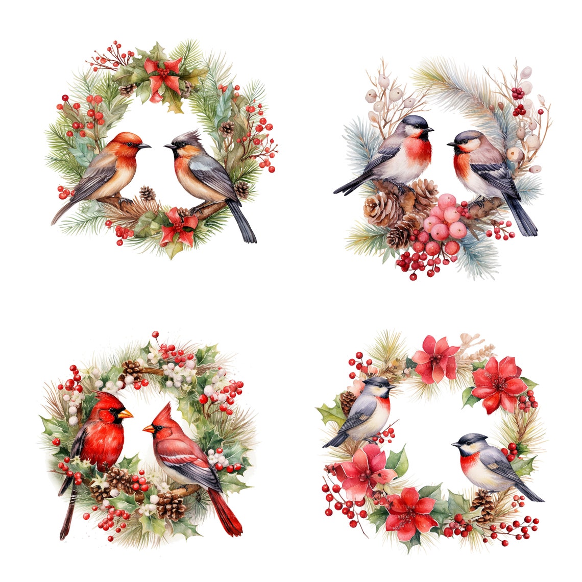 20 Christmas Wreath Clipart, Cute Birds Clipart, Digital Clipart ...