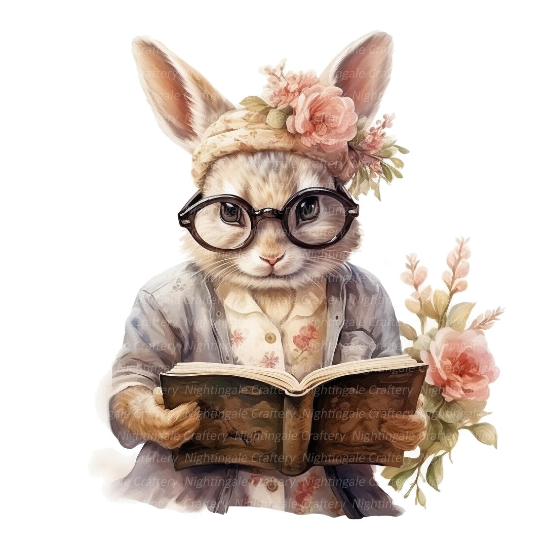 12 Bunny Granny Reading Clipart, Bunny Clipart, Printable Watercolor ...