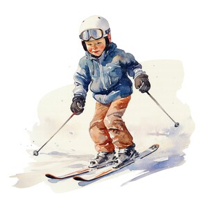 10 Kids Skiing Clipart, Kids in Winter, Printable Watercolor Clipart ...