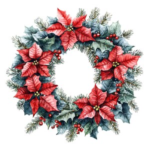 10 Poinsettia Christmas Wreath Clipart, Card Making, Watercolor Clipart ...