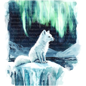 10 Polar Fox Clipart, Northern Lights Print, Printable Watercolor ...