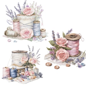 14 Vintage Spools of Thread Clipart, Floral Sewing Kit, Printable ...