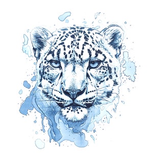 8 Snow Leopard Clipart, Blue Ink Leopard, Printable Watercolor Clipart ...