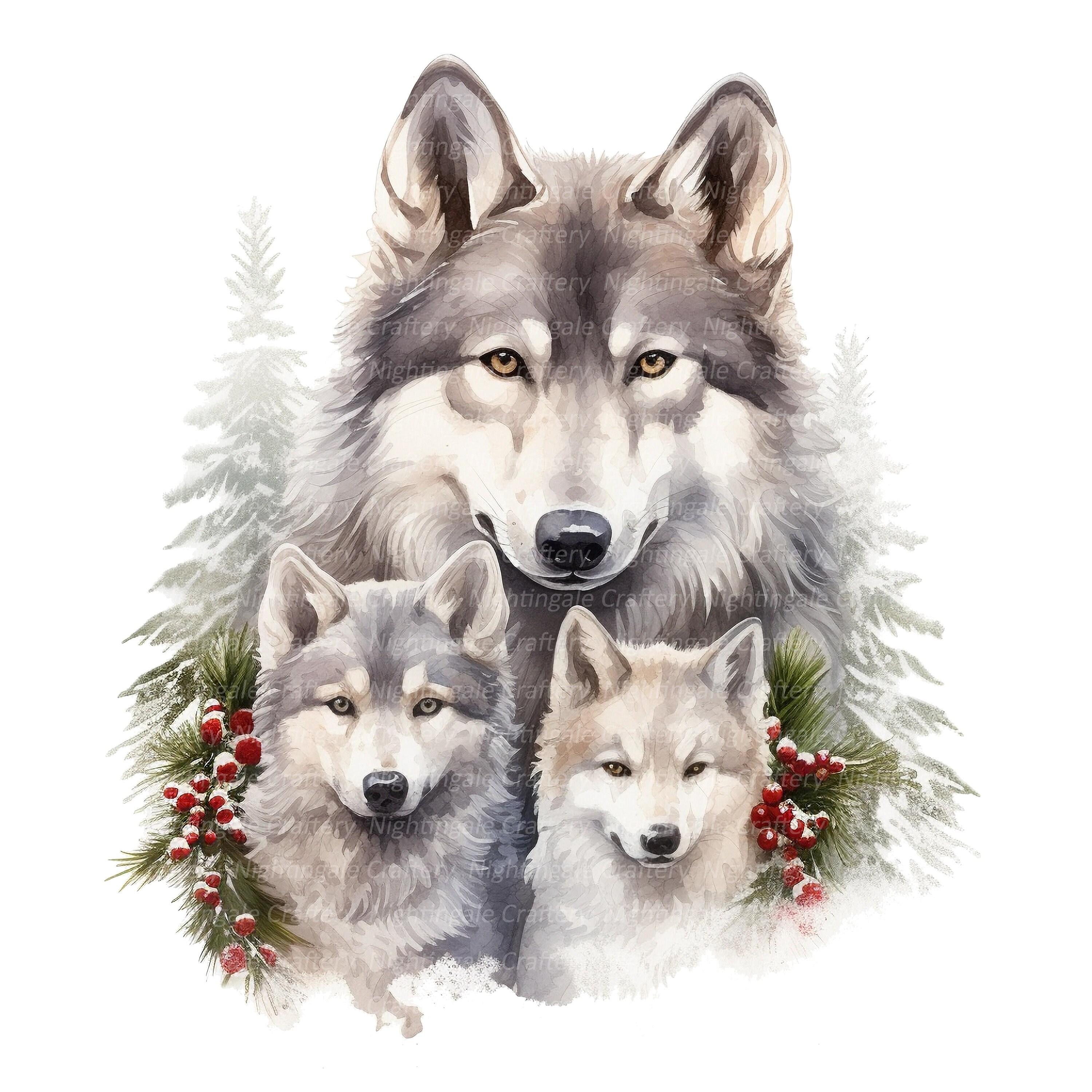 10 Wolf Family Christmas Clipart, Christmas Wolf, Printable Watercolor ...