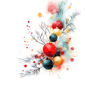 10 Christmas Card Clipart, Red Blue Baubles, Printable Watercolor ...