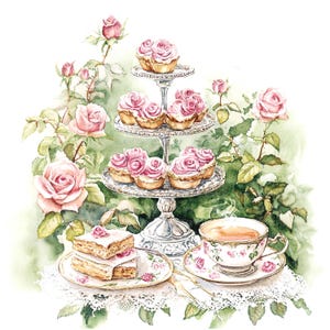 13 Rose Garden Tea Party, Tea Party Clipart, Printable Watercolor ...