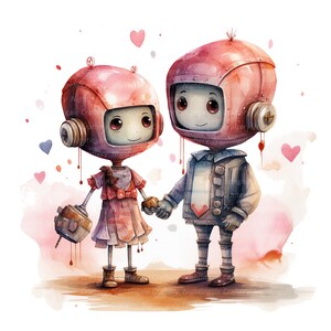 8 Romantic Robots Couple Clipart, Robot Lovers, Printable Watercolor ...