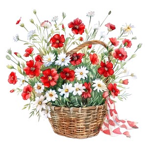 8 Floral Basket Clipart, Red Flowers, Printable Watercolor Clipart ...