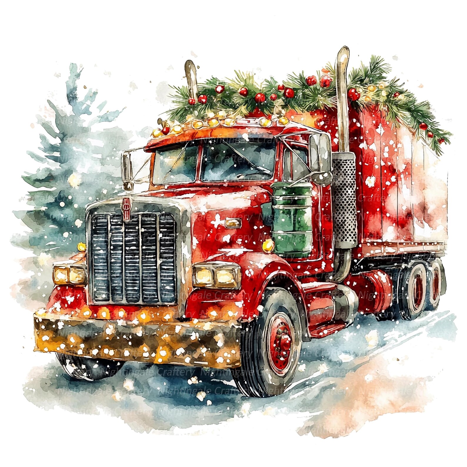 10 Christmas Truck Clipart, Decorated Truck, Printable Watercolor ...