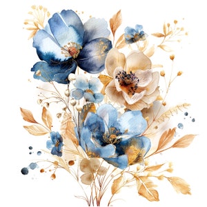 8 Abstract Flowers Clipart, Golden Blue Print, Printable Watercolor ...