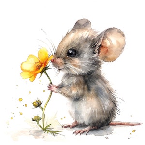 8 Mouse With Flower Clipart, Printable Watercolor Clipart, High Quality ...