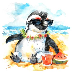 12 Hawaiian Penguin Clipart, Penguin in Beach, Printable Watercolor ...
