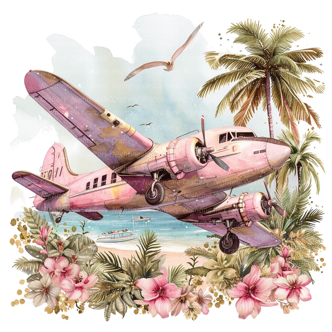 10 Floral Plane Clipart Set 2, Vintage Plane, Printable Watercolor ...