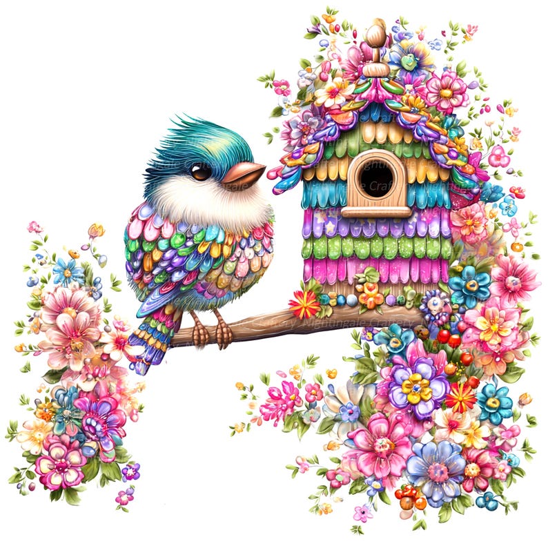 14 Bird and Birdhouse Clipart, Floral Birdhouse, Illustration ...