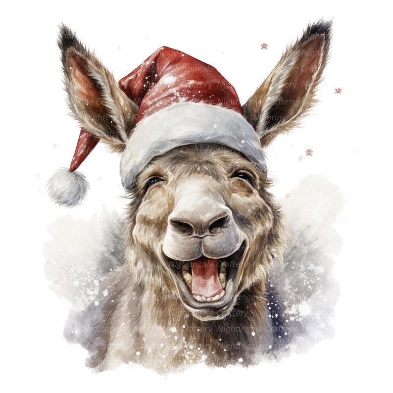 12 Donkey With Santa Hat Clipart, Funny Donkey, Printable Watercolor ...