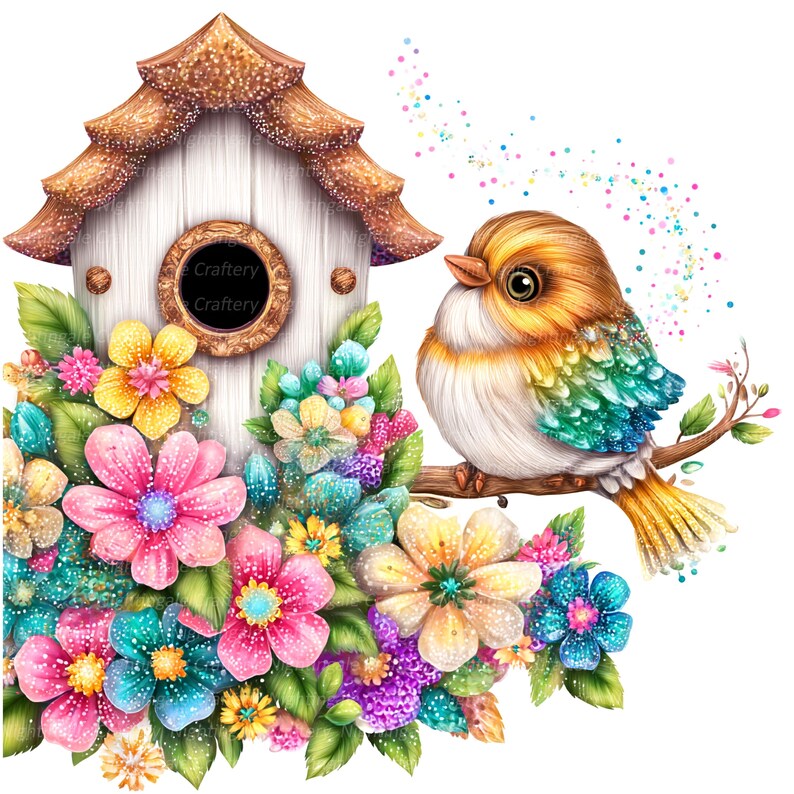 14 Bird and Birdhouse Clipart, Floral Birdhouse, Illustration ...