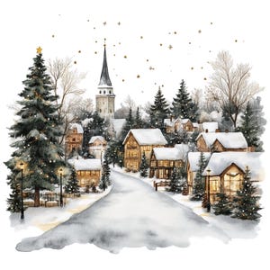 8 Christmas Village Clipart, Christmas Card, Printable Watercolor ...