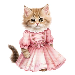 Cute Kitten in Pink Dress Clipart, Printable Watercolor Clipart, 10 ...