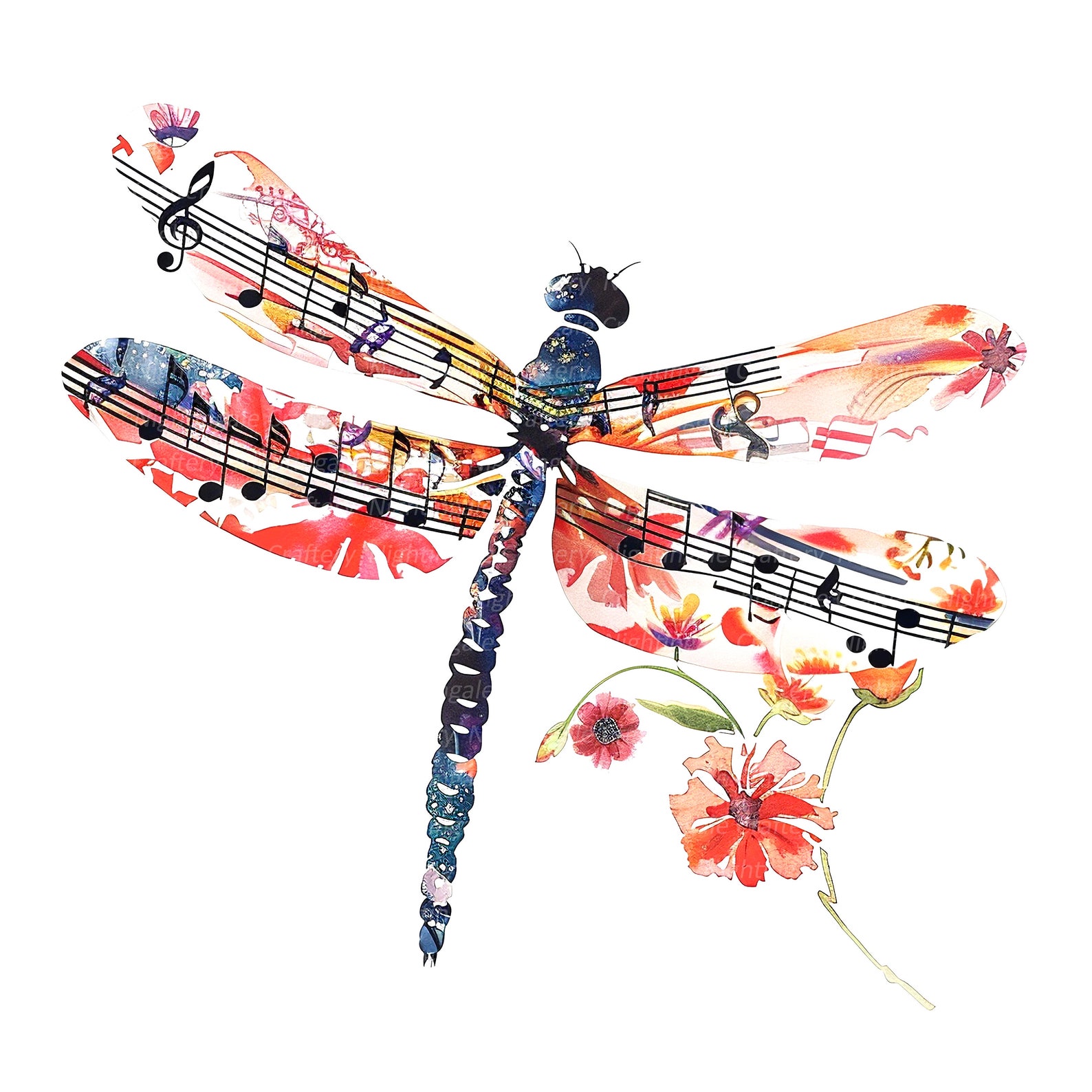 14 Dragonfly Music Notes Clipart, Wall Print, Printable Watercolor ...