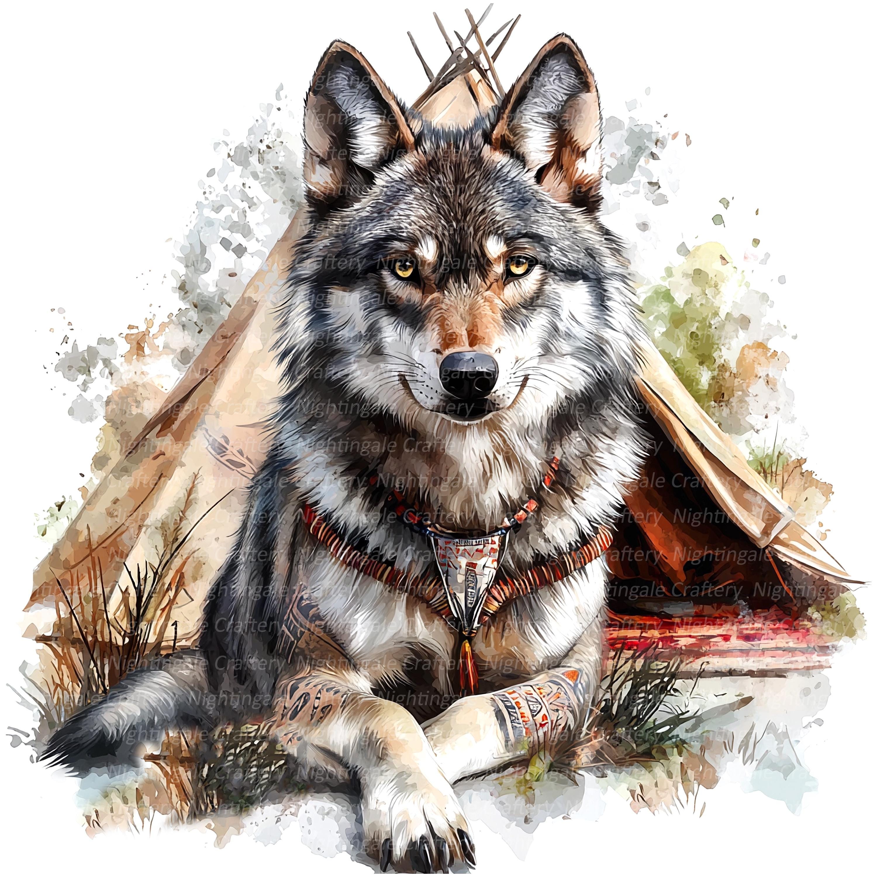 12 Tribal Wolf Clipart, Native Indian Wolf, Printable Watercolor ...