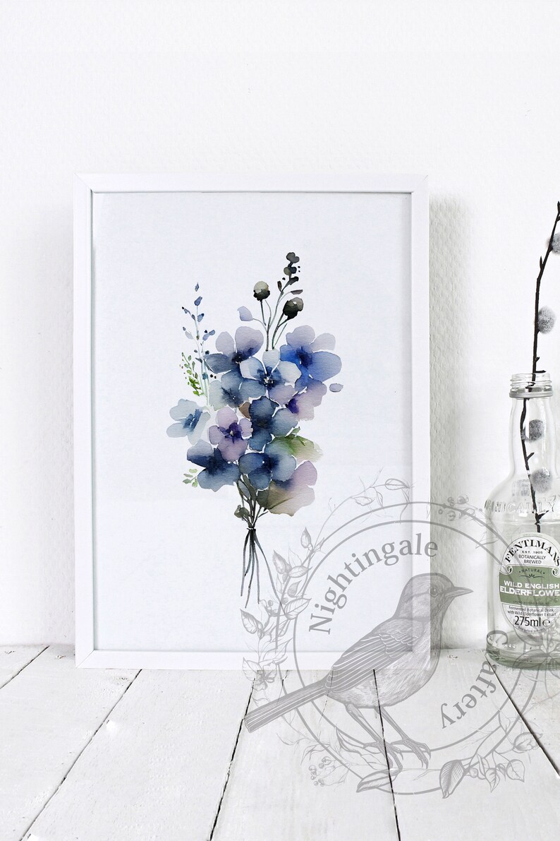 Blue Flowers Bouquet Printable, Blue Flowers Digital Print, Blue ...