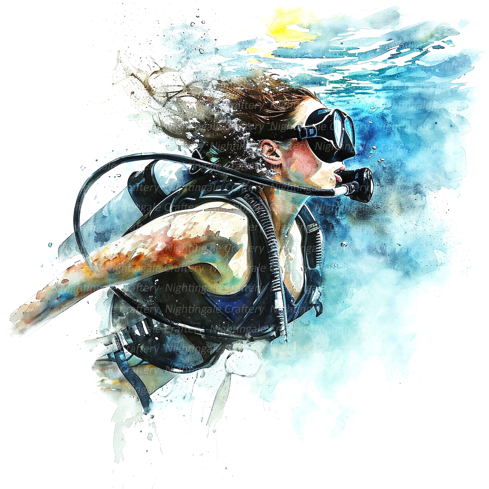 10 Woman Diving Clipart, Scuba Diving Clipart, Printable Watercolor ...