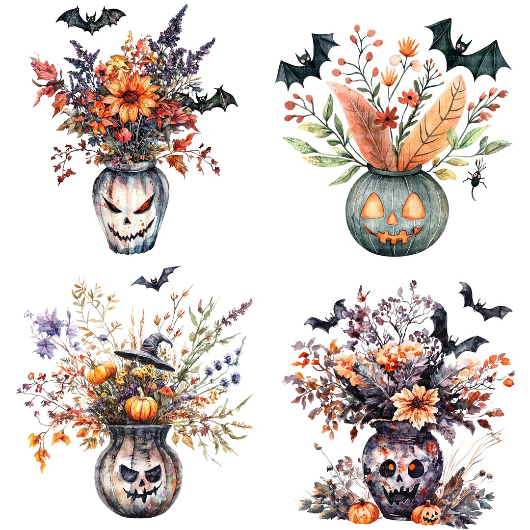 13 Halloween Decor Clipart, Flower Vase, Printable Watercolor Clipart ...