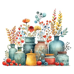 11 Floral Kitchen, Pots and Pans Clipart, Printable Watercolor Clipart ...