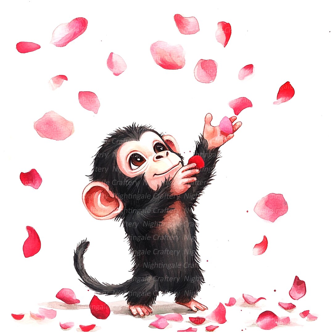 7 Romantic Chimp Clipart, Cute Chimpanzee, Printable Watercolor Clipart ...