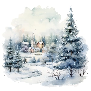 10 Christmas Card Clipart, Winter Landscape, Printable Watercolor ...