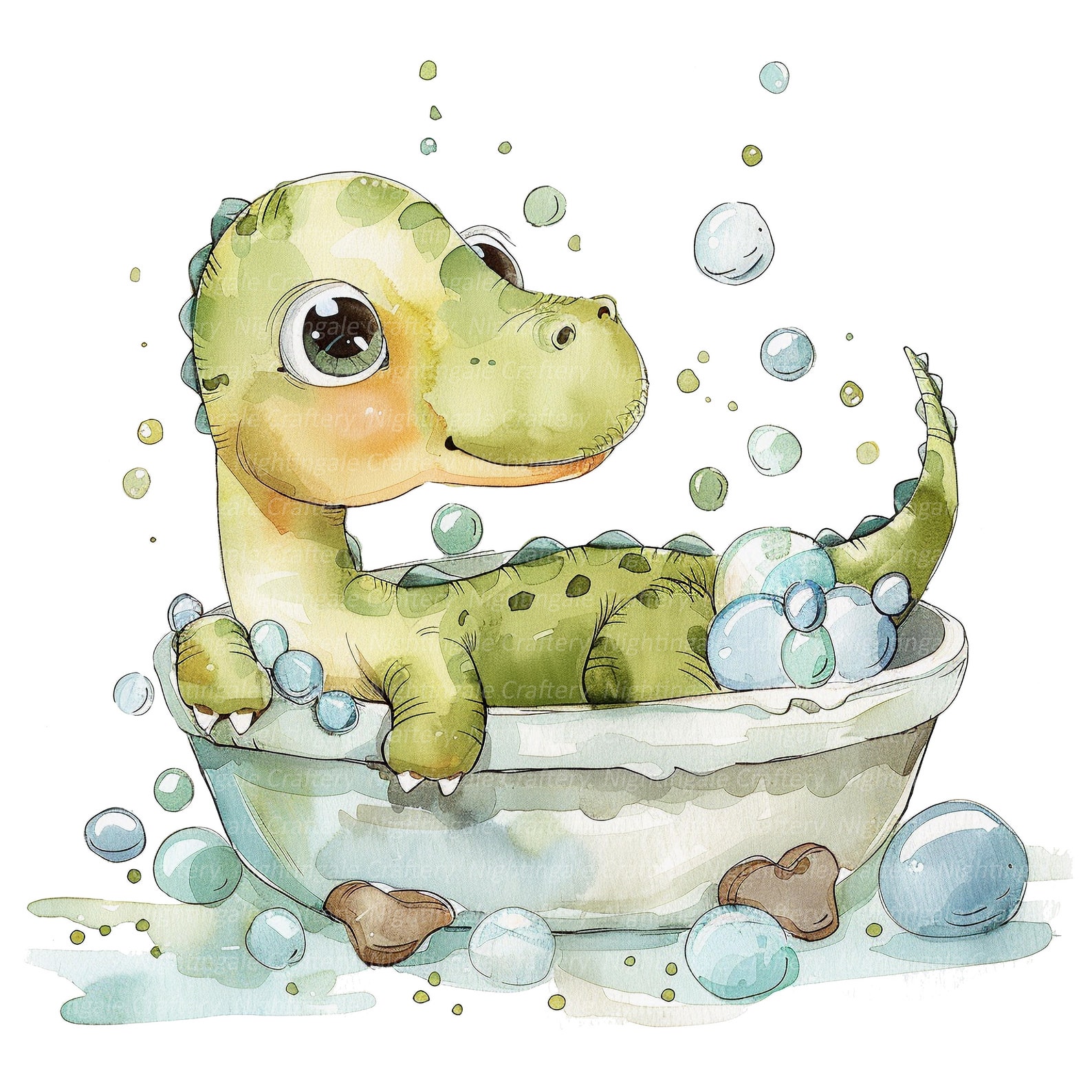 12 Cartoon Dinosaur Clipart, Dinosaur in Bath, Printable Watercolor ...