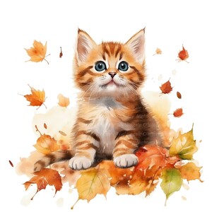 10 Kitten Autumn Clipart, Cat Clipart, Printable Watercolor Clipart ...