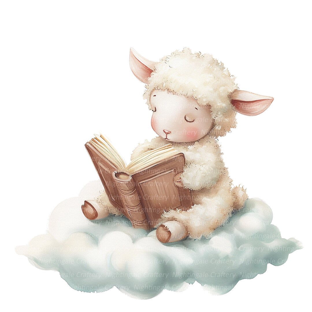 8 Lamb Reading Tale Clipart, Lamb Nursery Print, Printable Watercolor ...